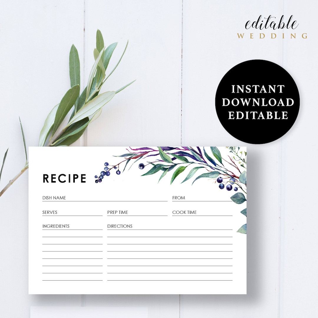 Green Leaves Recipe Cards Printable, Printable Recipe Card, Bridal ...