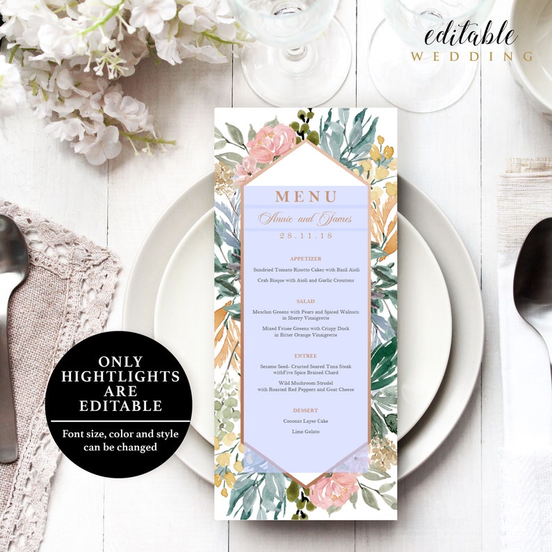 Watercolor Flower Menu Template 4x9 5x7 Instant Download - Etsy