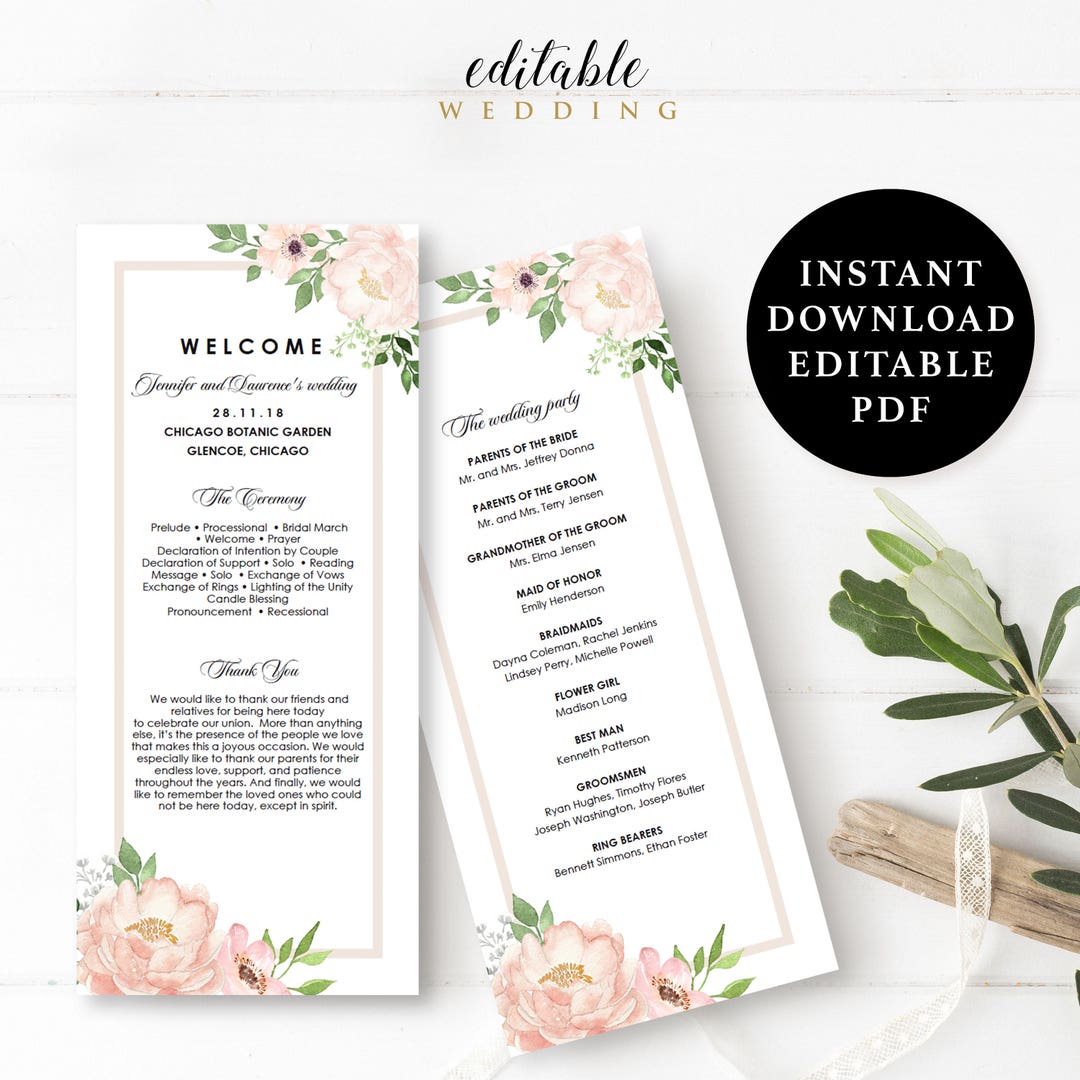 Flower Wedding Program Template, 4x9, Instant Download Printable ...