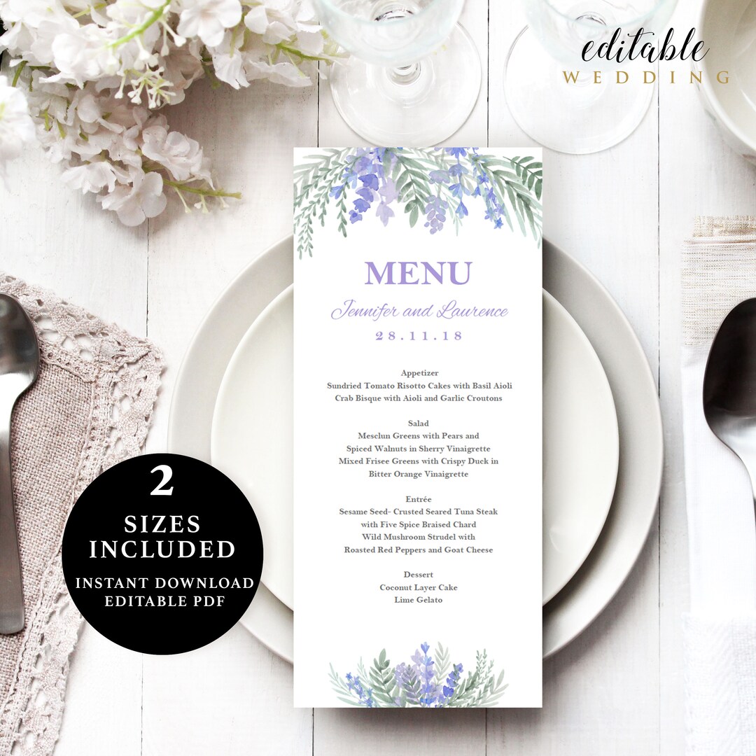 Watercolour Lavender Menu Template 4x9 5x7 Instant Download - Etsy