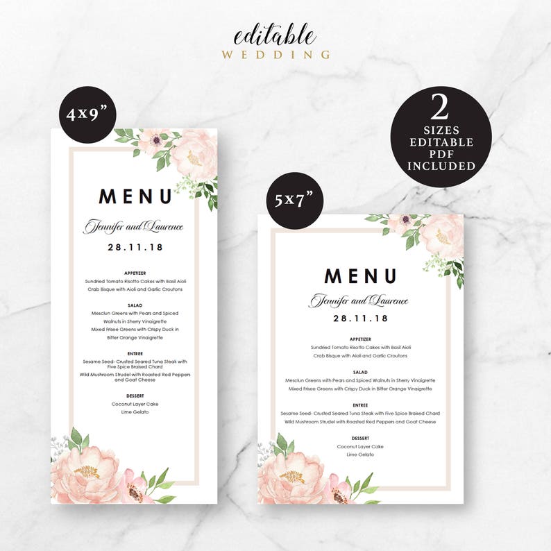 Watercolour Flower Menu Template 4x9 5x7 Instant Download - Etsy