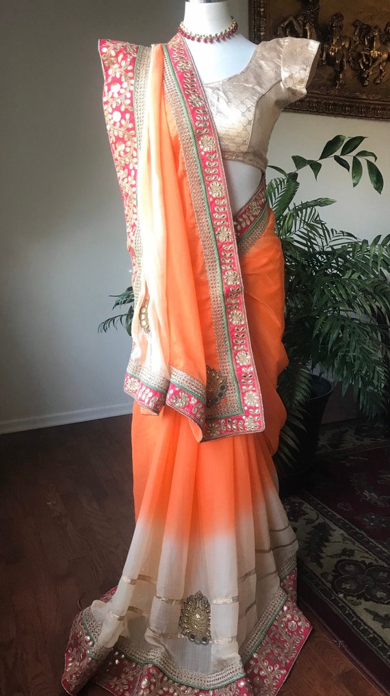 Saira Gota Patti Two Toned Sari | Etsy