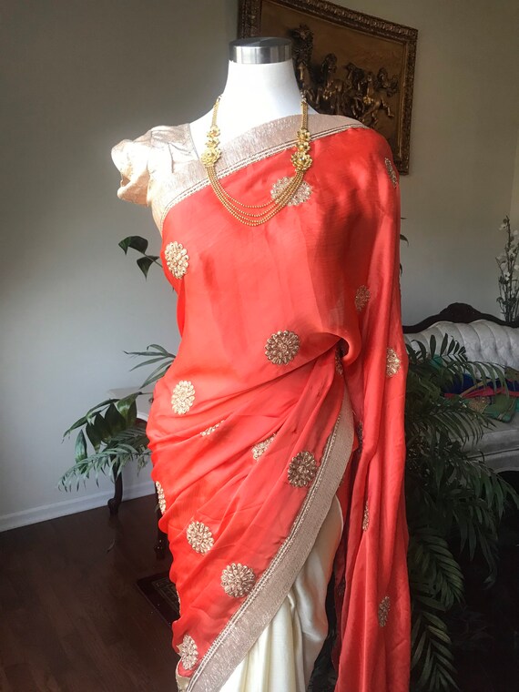 Coral and Cream Two Tone Sari - Etsy