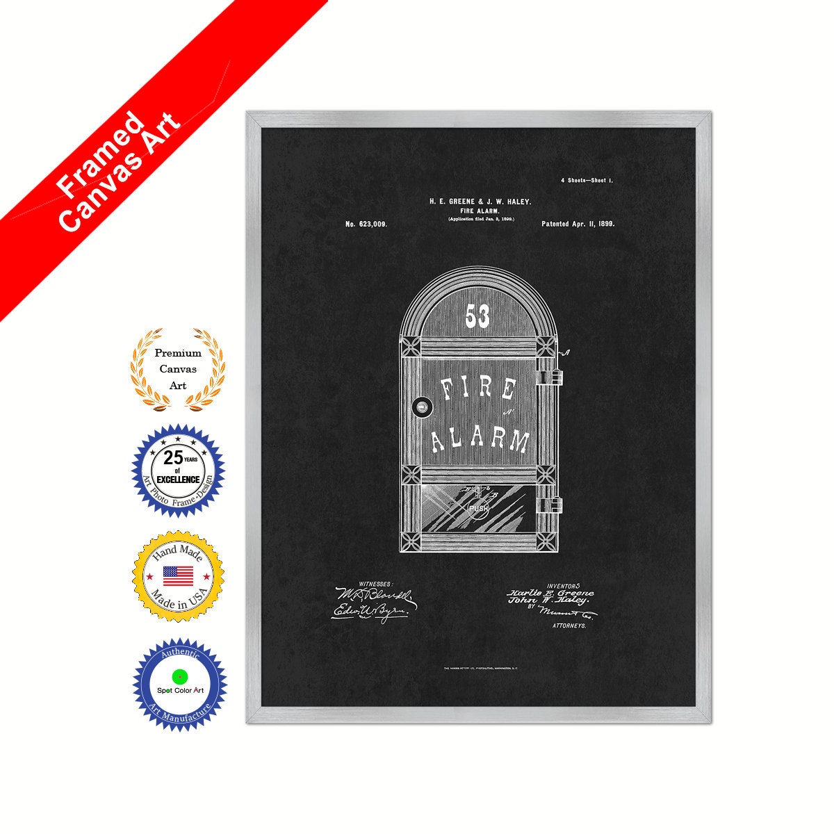 1899 Firefighter Fire Alarm Vintage Patent Artwork Framed Canvas Home ...