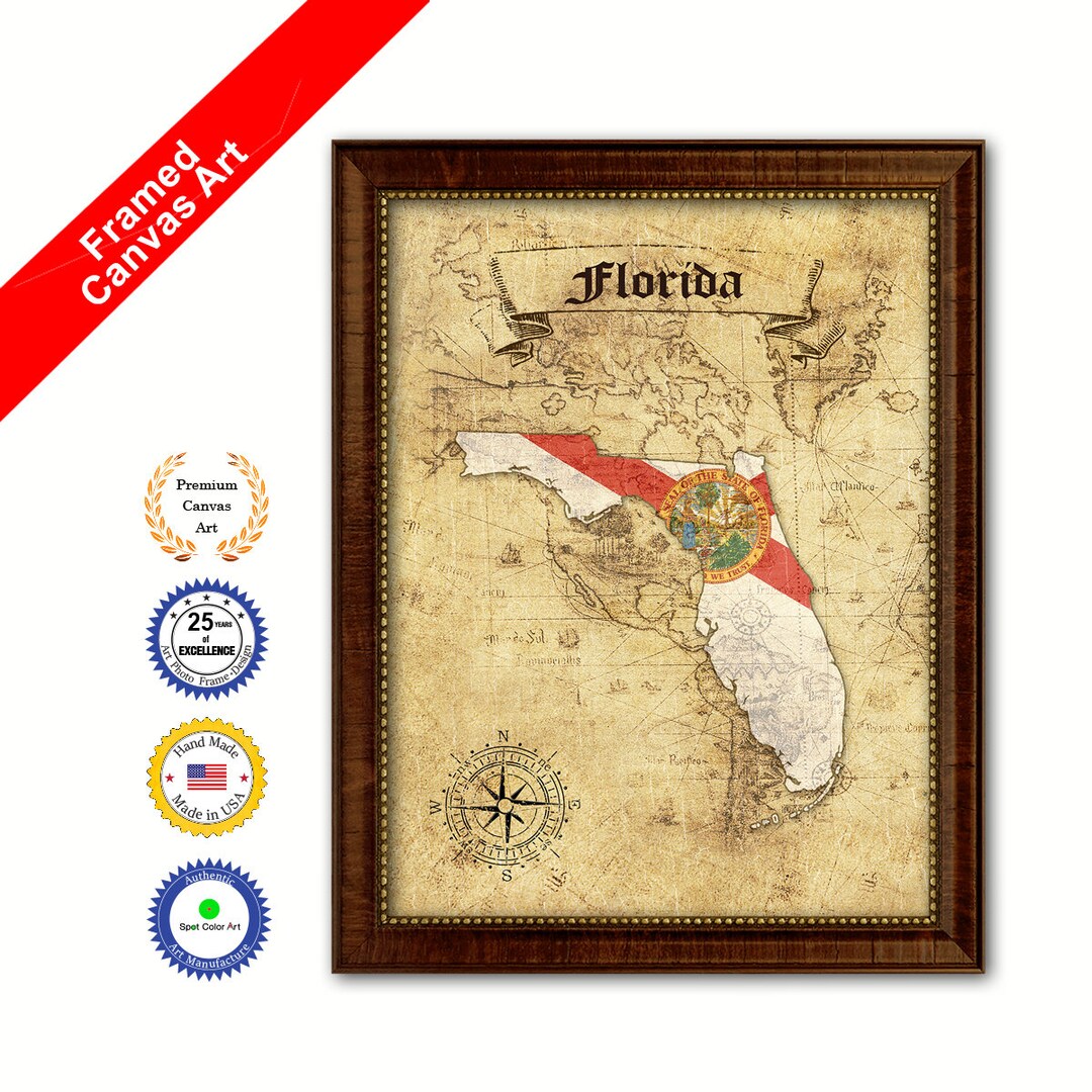 Florida State Vintage Flag Gifts Home Decor Wall Art Canvas Print With ...