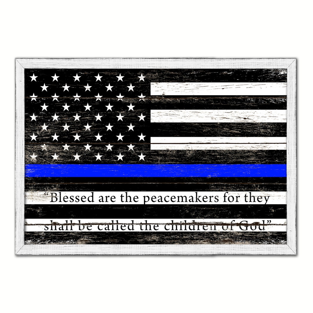 Law Enforcement Thin Blue Line USA Flag White Wash Wood or Black Frame ...