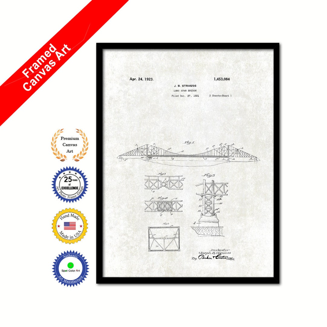 1923 Long Span Bridge Vintage Patent Artwork Framed Canvas Print Office ...