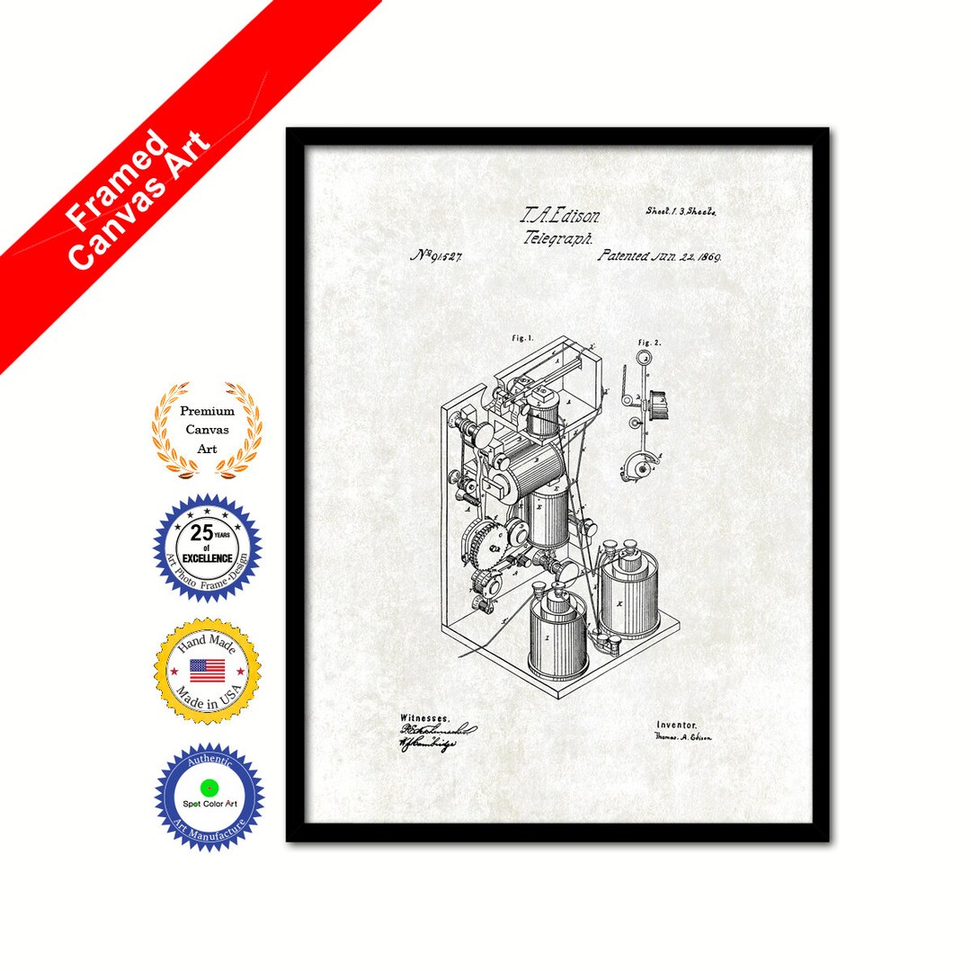 1869 Thomas Edison Telegraph Vintage Patent Artwork Framed Canvas Print ...