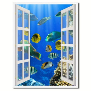 Tropical Island Fish Picture French Window Framed Art Canvas Print Wall ...