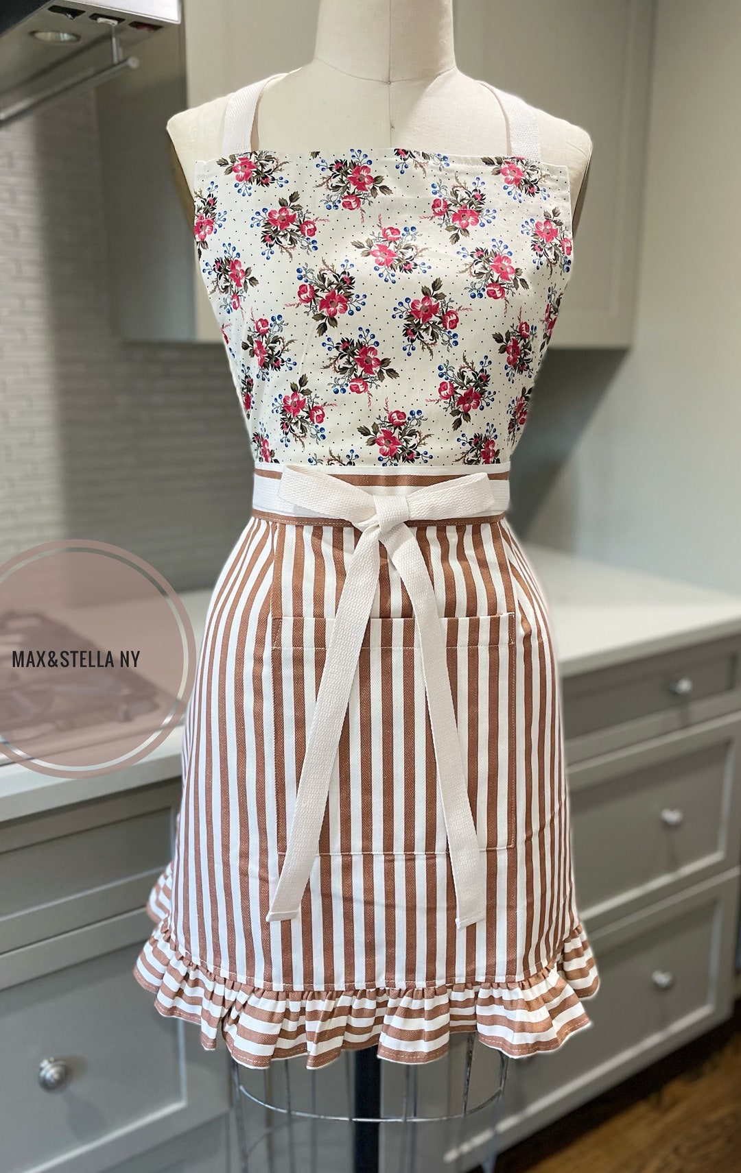 Handmade Ruffled Apron: Vintage Rose, Caramel Stripes, Cotton - Etsy