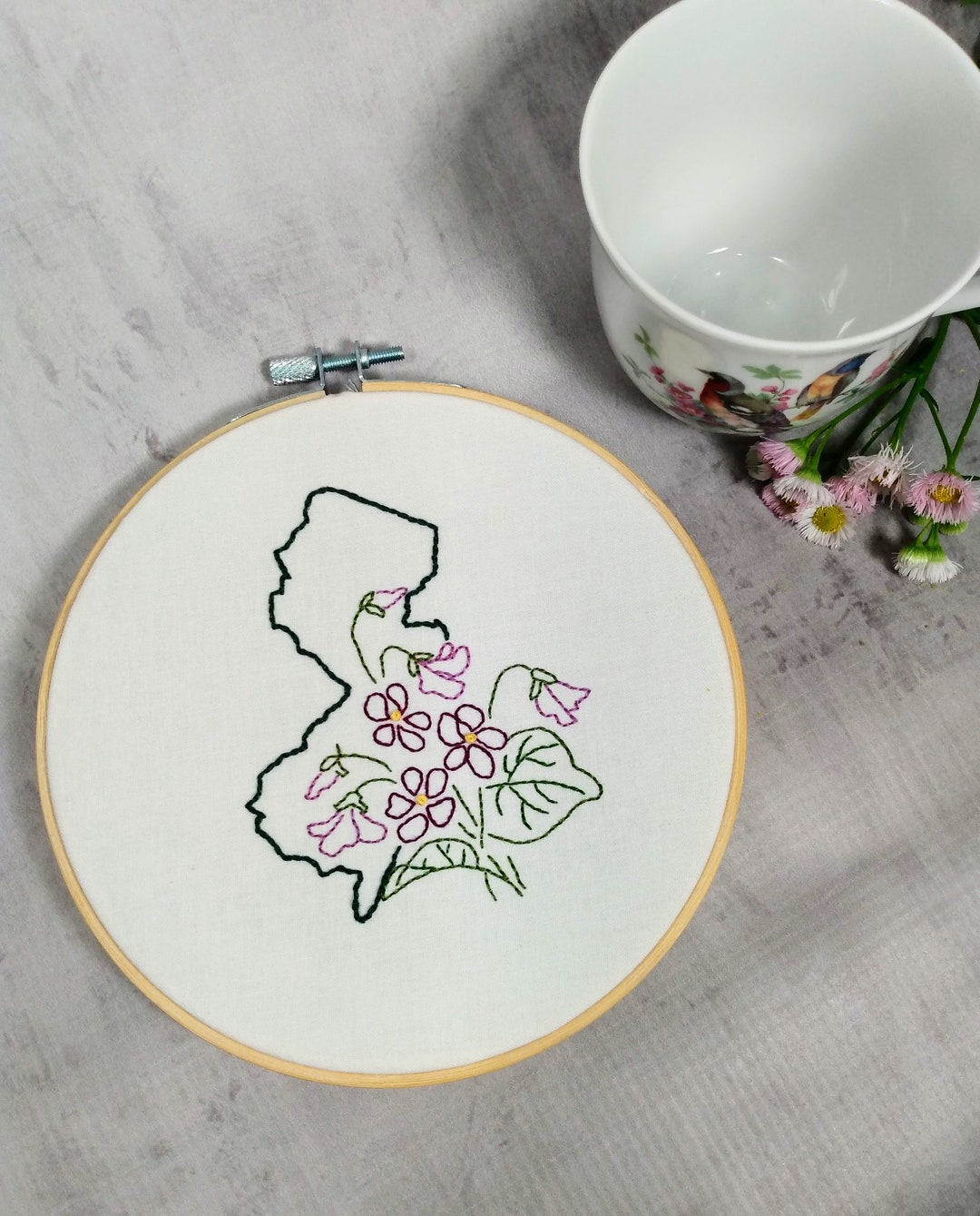 New Jersey State Outline With Violets Hand Embroidered Finished Product ...