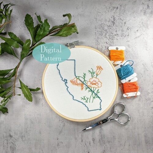 California Hand Embroidery Pattern Digital Download Poppies & - Etsy
