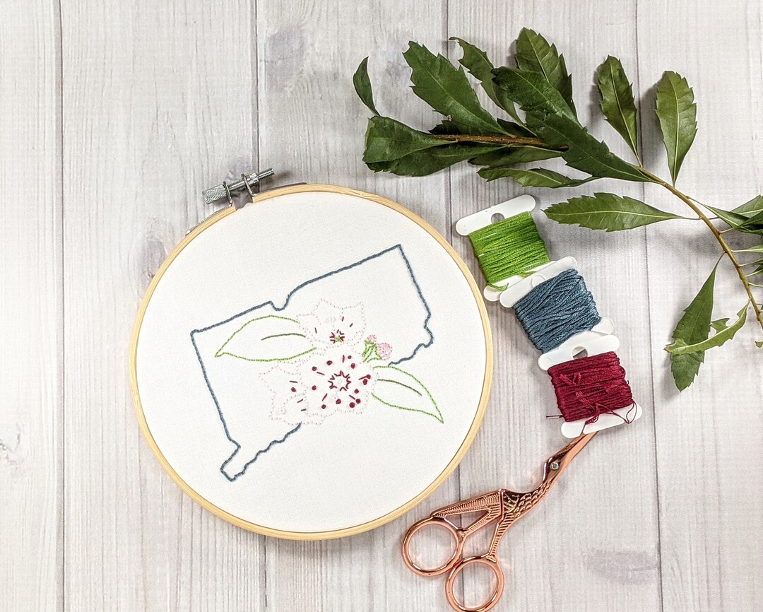 Connecticut State Outline With Mountain Laurel- Hand Embroidered ...