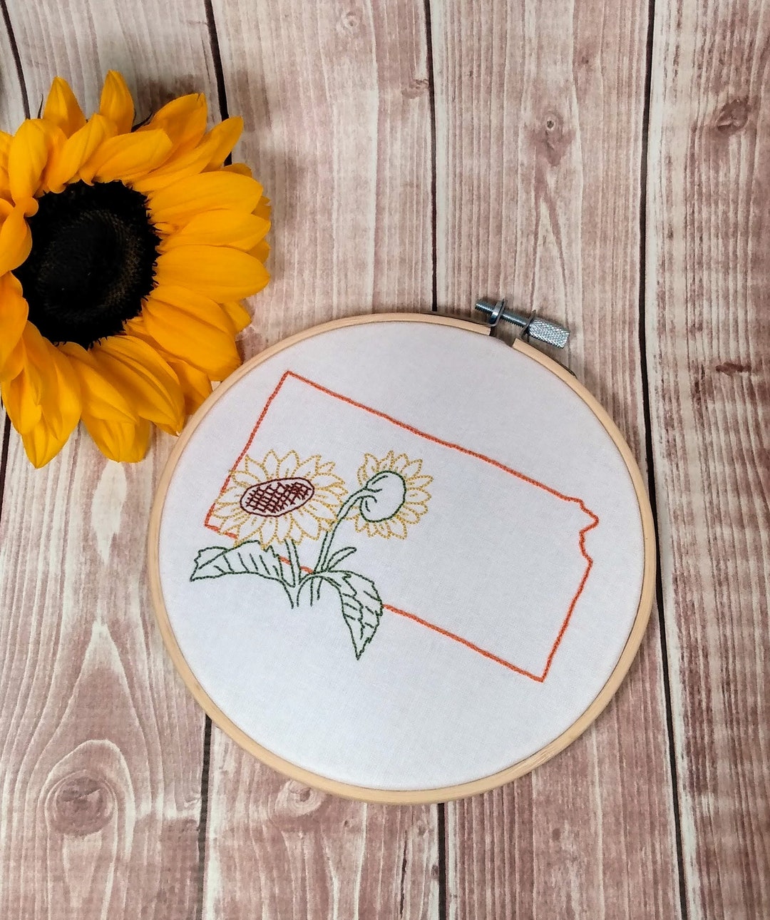 Kansas State Outline With Sunflower Hand Embroidery Finished Art Unique ...