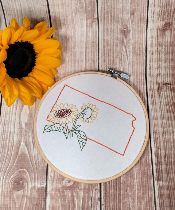 Kansas State Outline With Sunflower Hand Embroidery Finished | Etsy