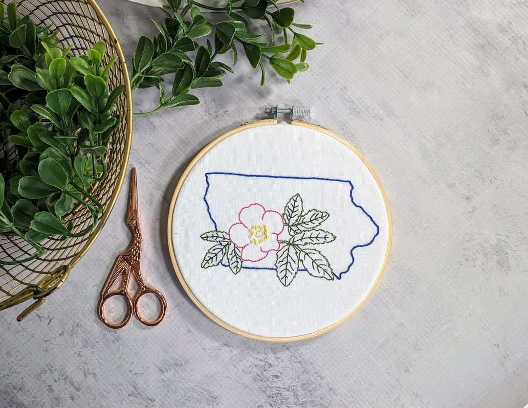 Iowa State Outline With a Prairie Rose Hand Embroidered Finished ...