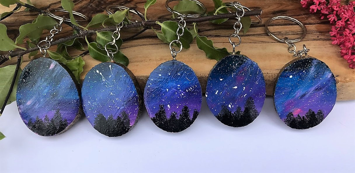 Galaxy Wood Slice Keyring Green and Blue / Purple and Blue Hand Painted ...