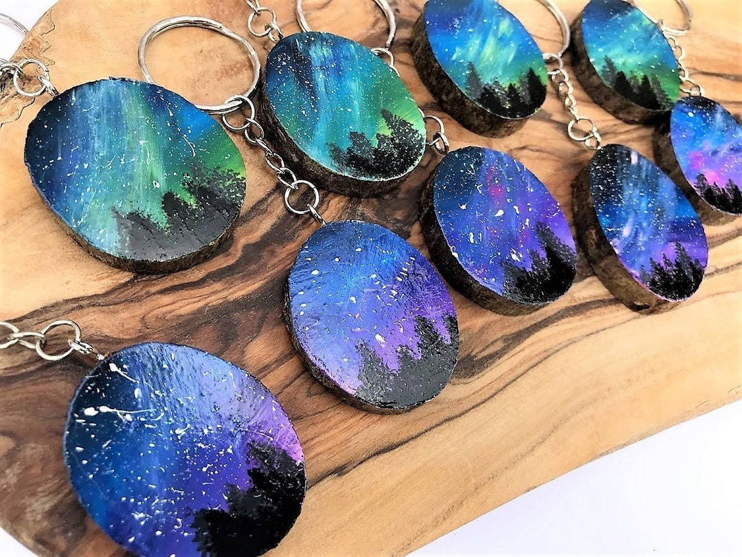 Galaxy Wood Slice Keyring Green and Blue / Purple and Blue Hand Painted ...