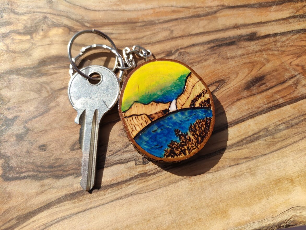 Wood Burned Keyring Lake Tree Glacier Scene Pyrography & - Etsy UK