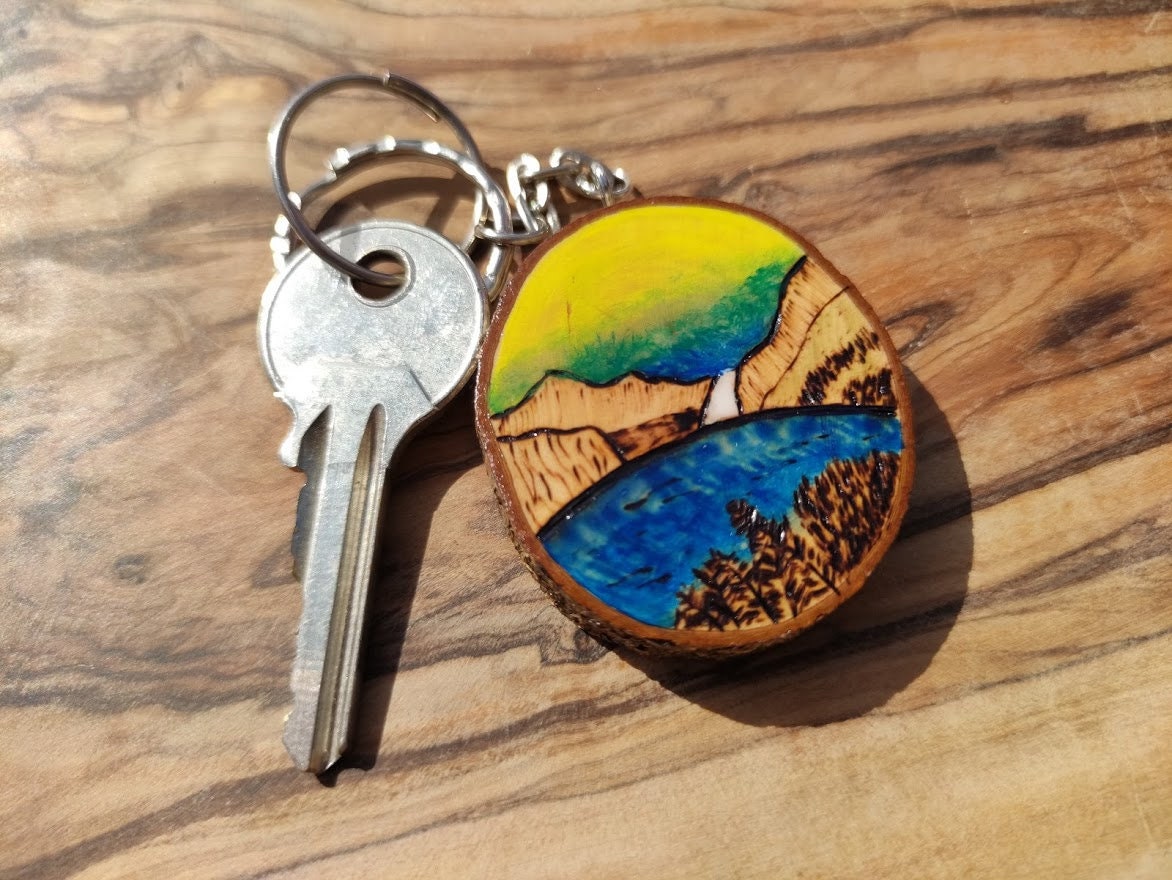 Wood Burned Keyring Lake Tree Glacier Scene Pyrography & - Etsy UK