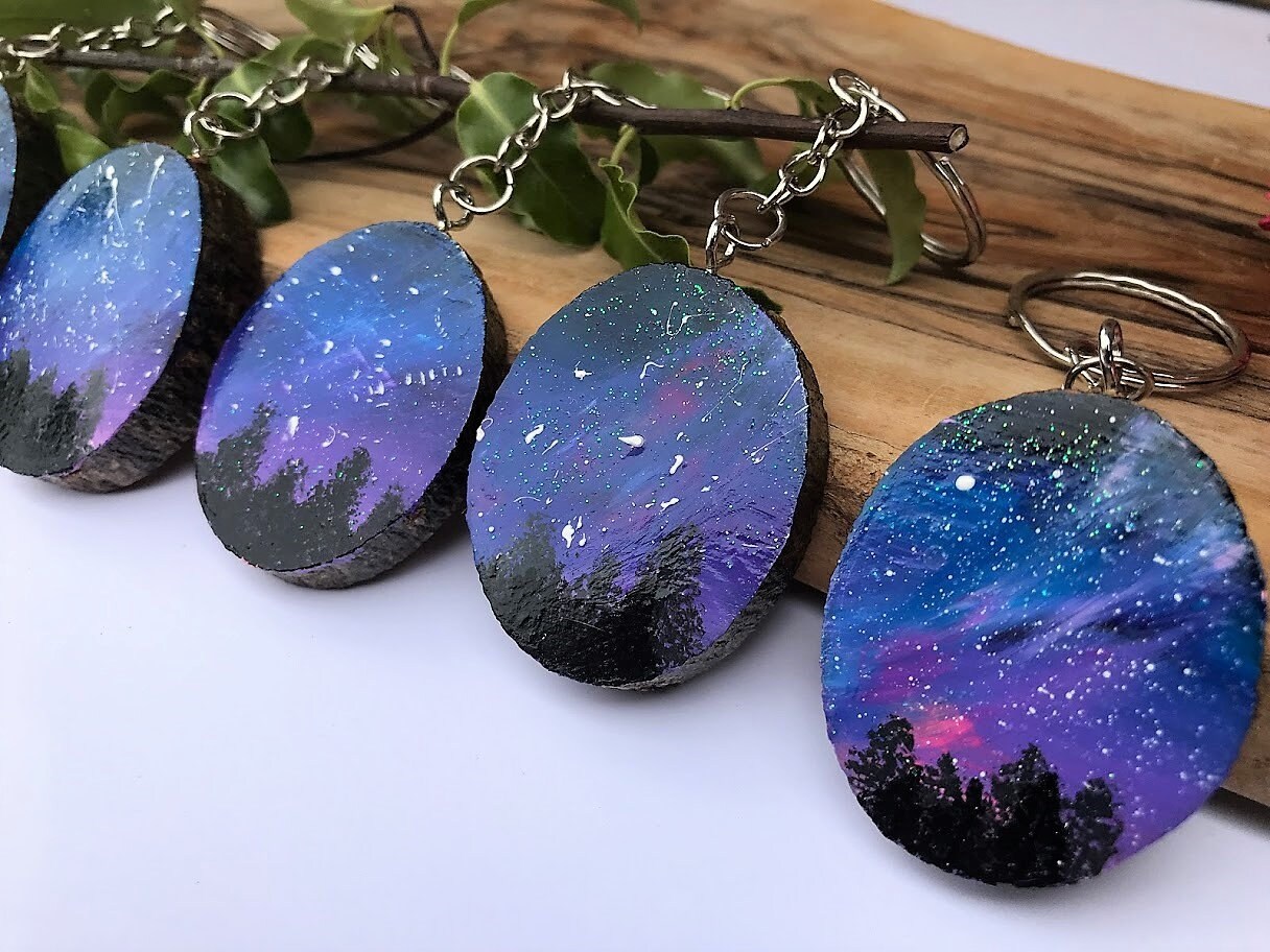 Galaxy Wood Slice Keyring Green and Blue / Purple and Blue Hand Painted ...