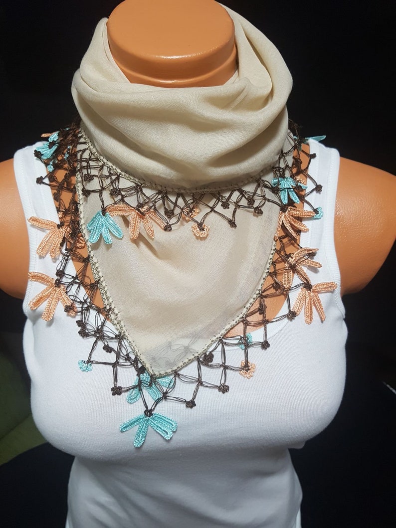 Scarf, Square Scarf, Wrap Scarf, Grey Scarf, Cream Scarf, Needle Work ...