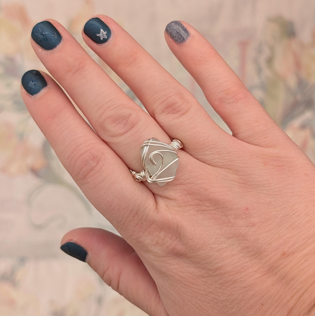 Cornish Sea Glass Ring - Wave Design - Light Seafoam Green/blue With ...