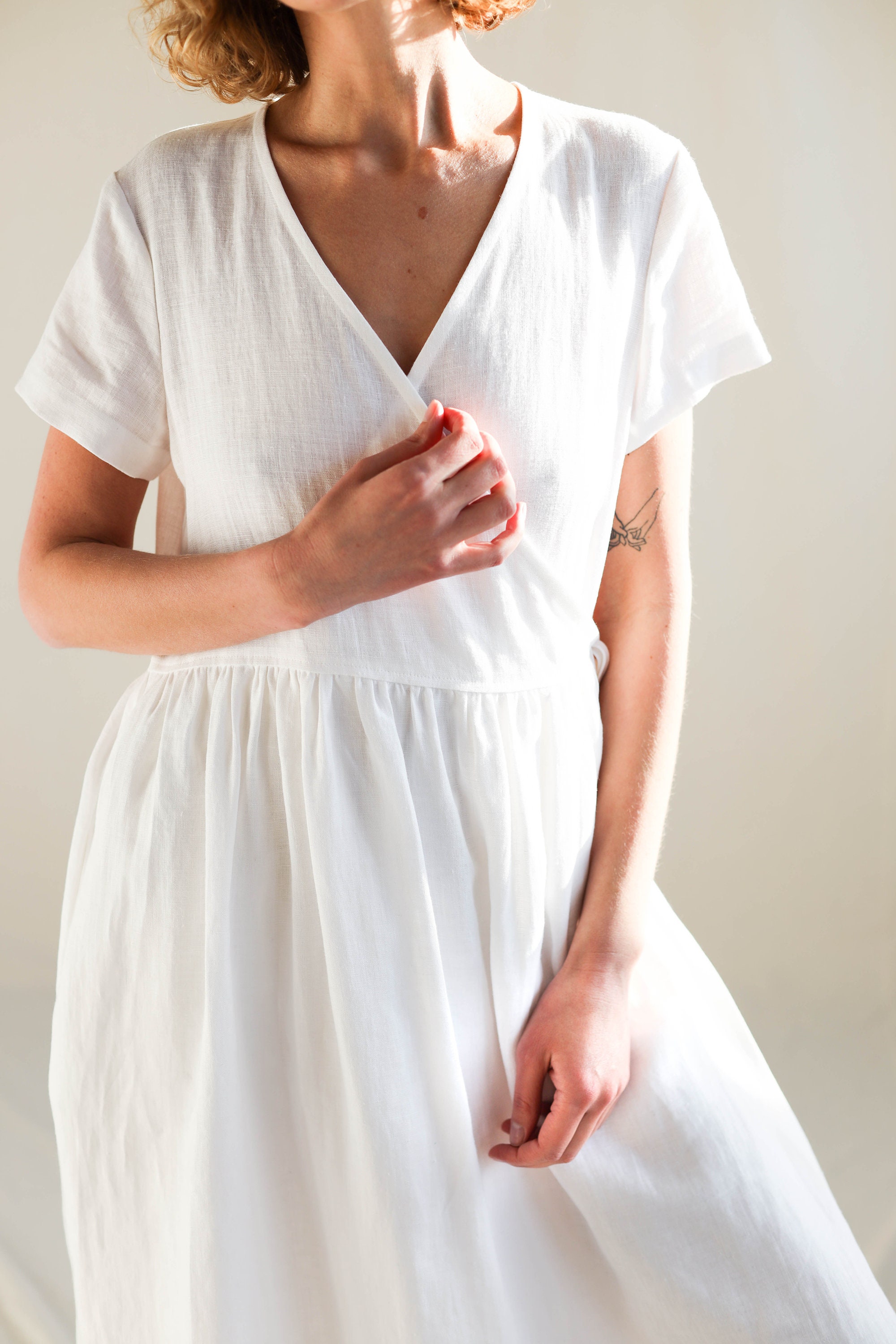 White Linen Wrap Dress Midi Linen V Neck Dress Handmade By Etsy