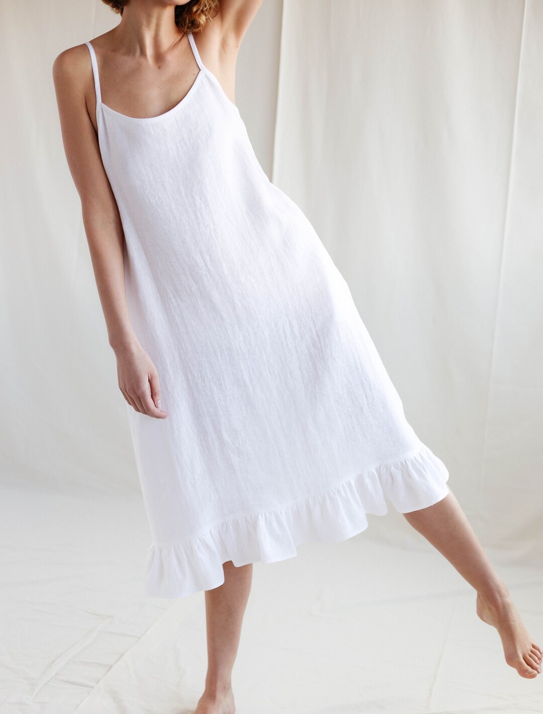 Linen Ruffled Hem Slip Dress / White Linen Nightie Dress Handmade by ...