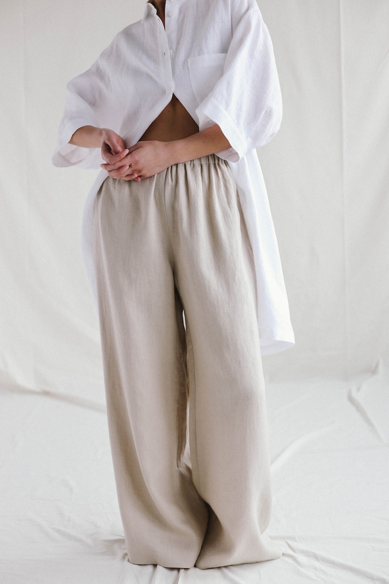 Linen Palazzo Pants Loose Wide Leg Linen Trousers Elastic Etsy