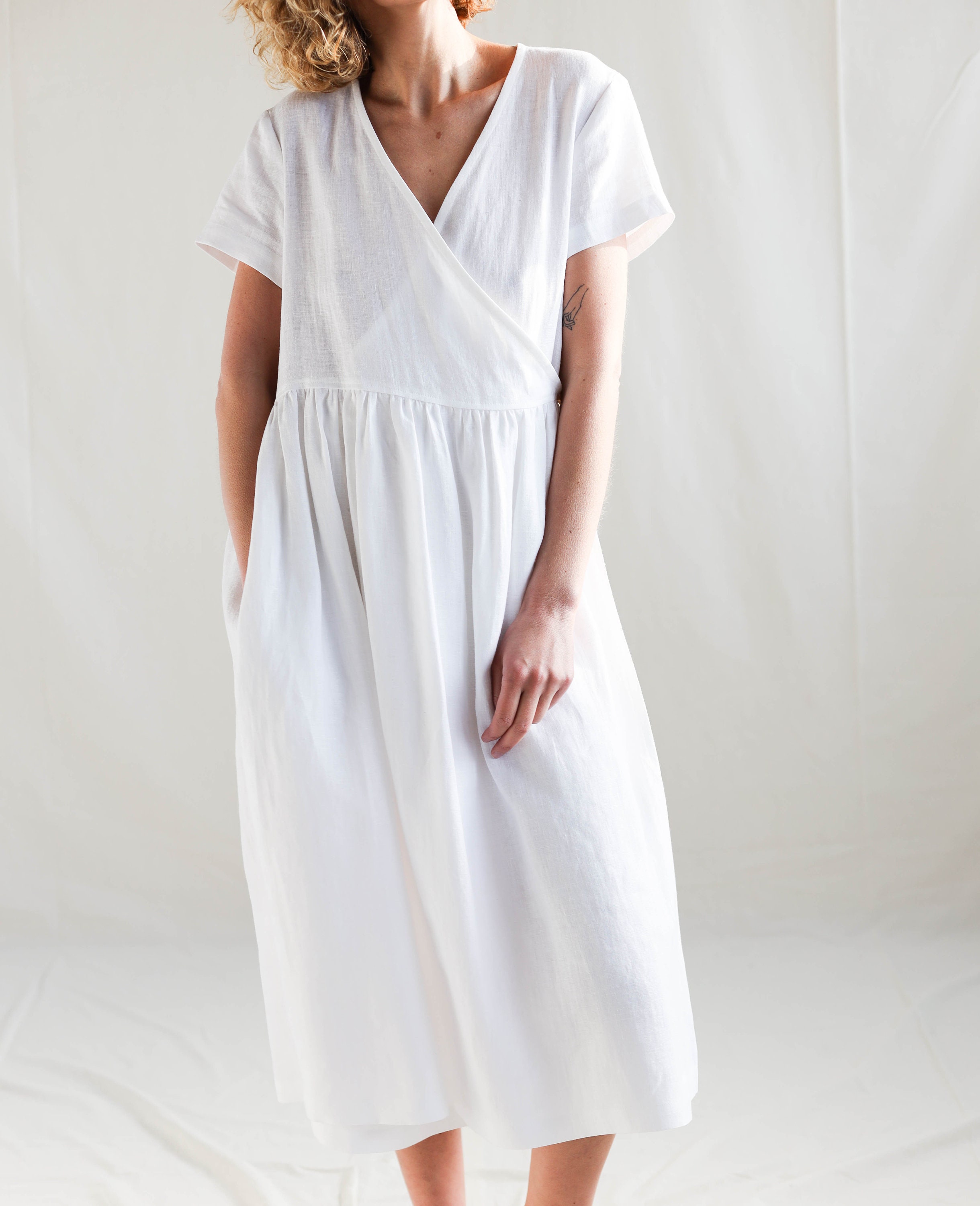 White Linen Wrap Dress Midi Linen V Neck Dress Handmade By Etsy