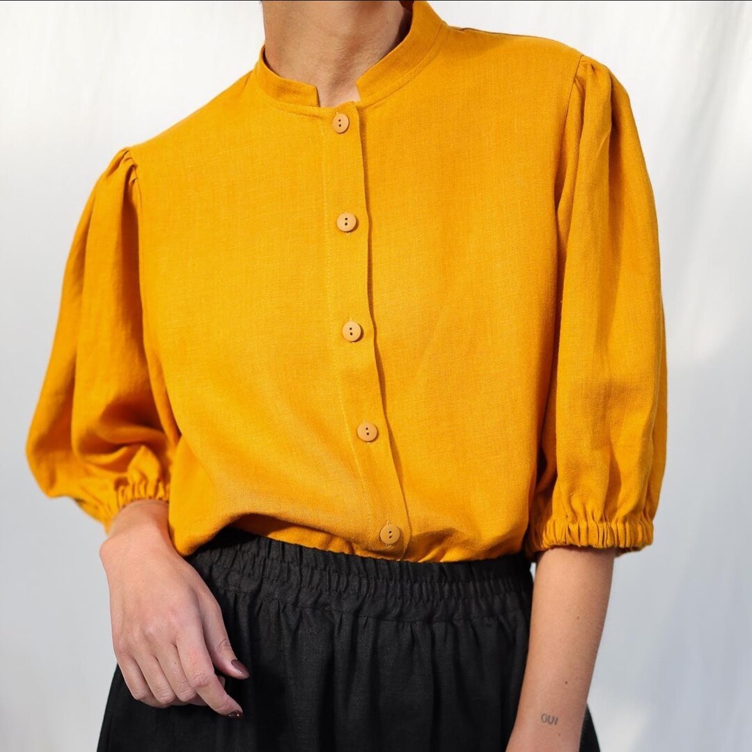 Linen Elegant Front Button Stand Collar Shirt, Handmade by ...