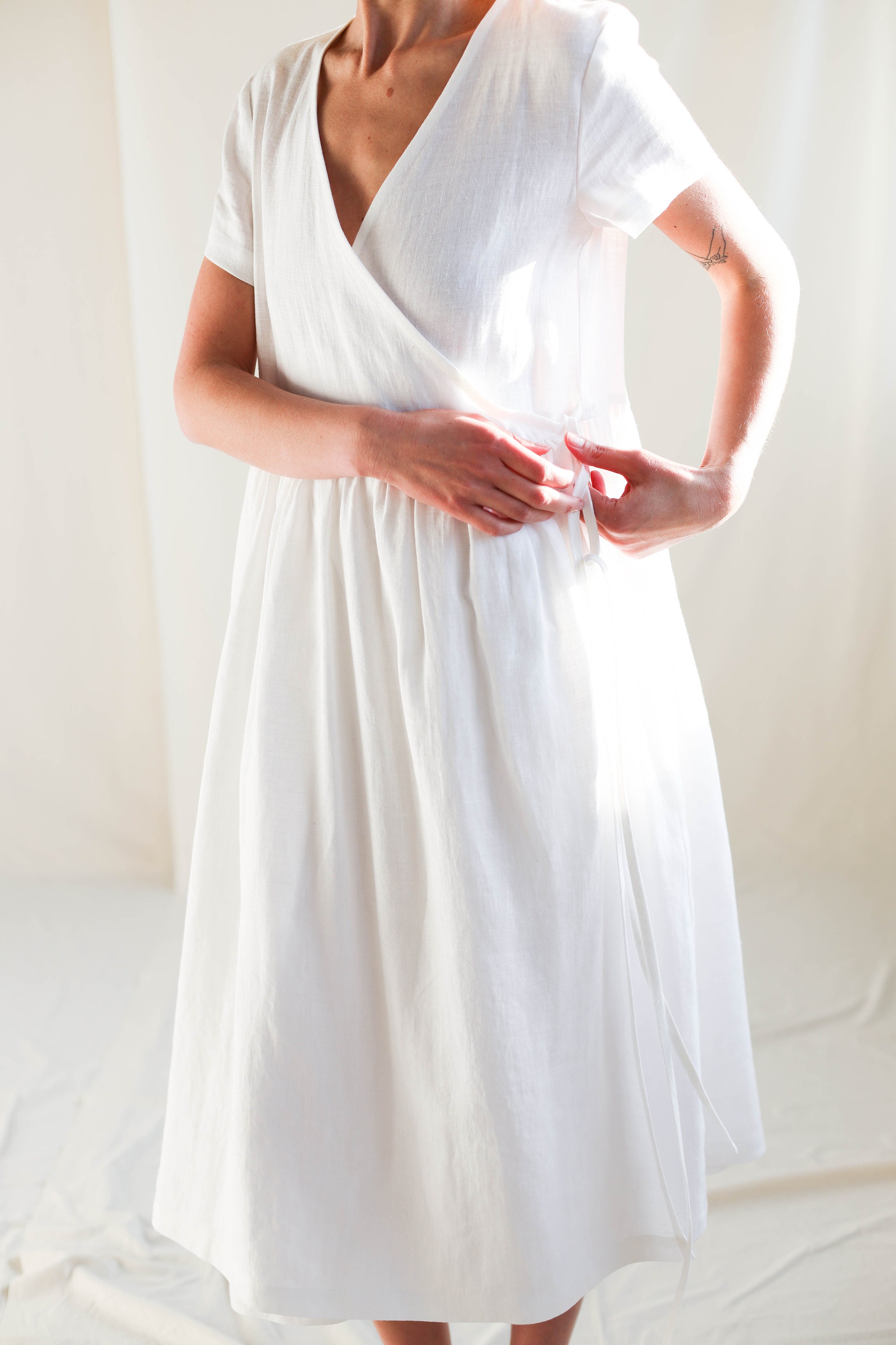 White Linen Wrap Dress Midi Linen V Neck Dress Handmade By Etsy