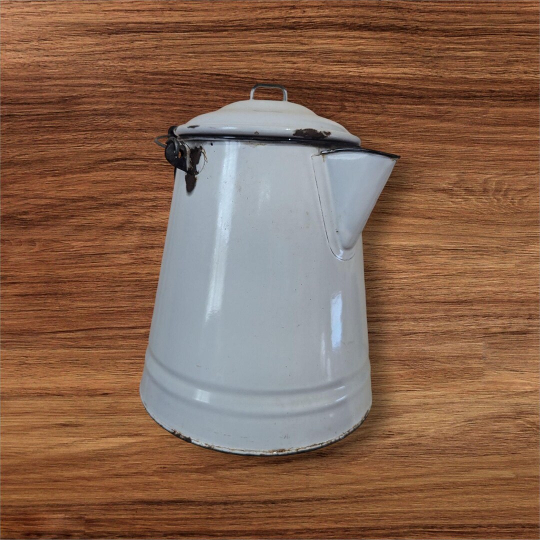 Vintage Large White & Black Enamelware Porcelain Cowboy Kettle Coffee ...