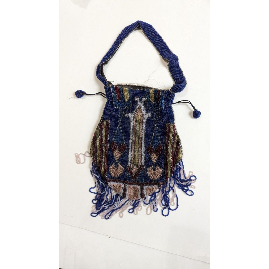 Beaded Vintage Drawstring Purse Art Deco Style 9x7 Inches Fringe Boho ...
