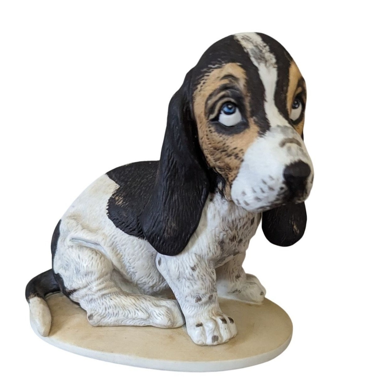 Last Of Litter Basset Hound Dog In Basket Ceramic Figurine