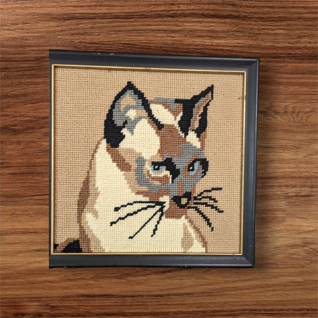 Vintage Framed Crewel Needle Work Cat Picture Black Frame 10.5 X 10 Cat ...