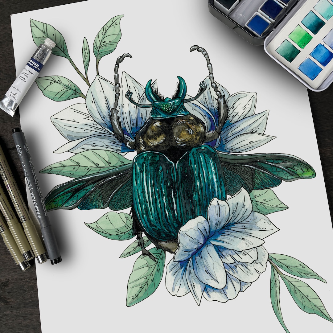 PRINT "green Scarab" Limited Edition Print, Beetle Painting, Home Decor ...