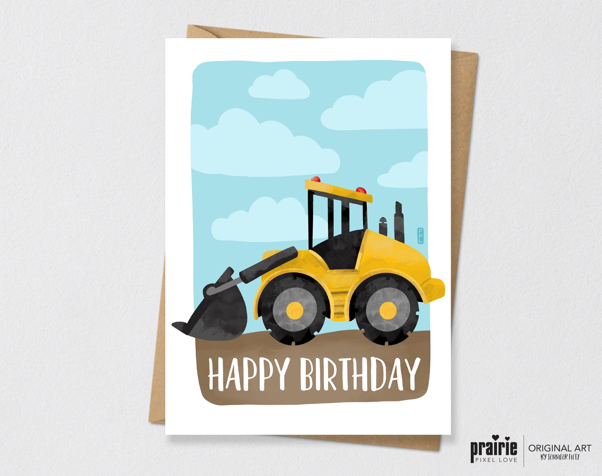 Printed Front End Loader Truck Card, Truck Birthday Card, Construction ...