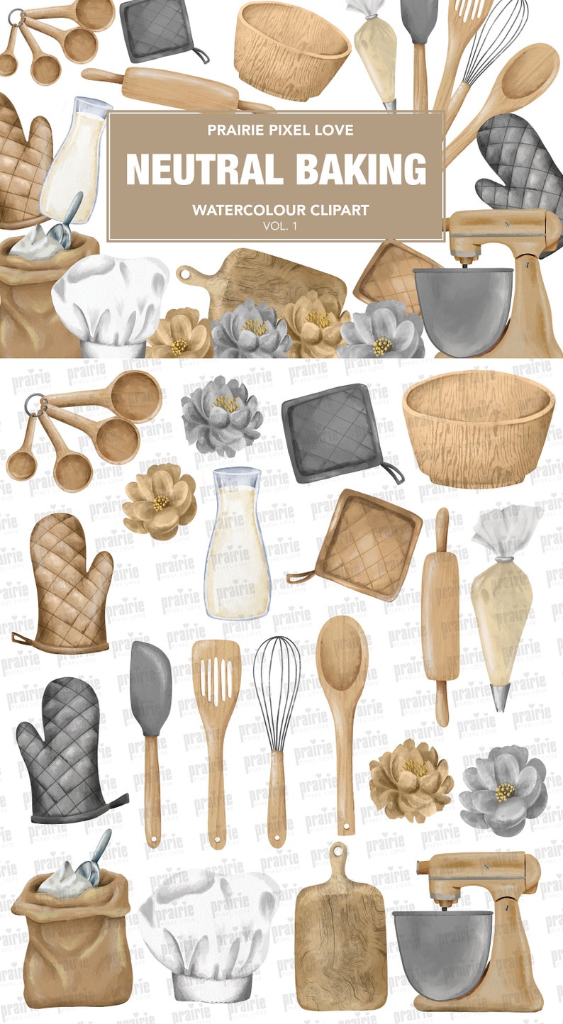 Neutral Baking Clipart, Watercolor Baking Clipart, Baking, Home Bakery ...
