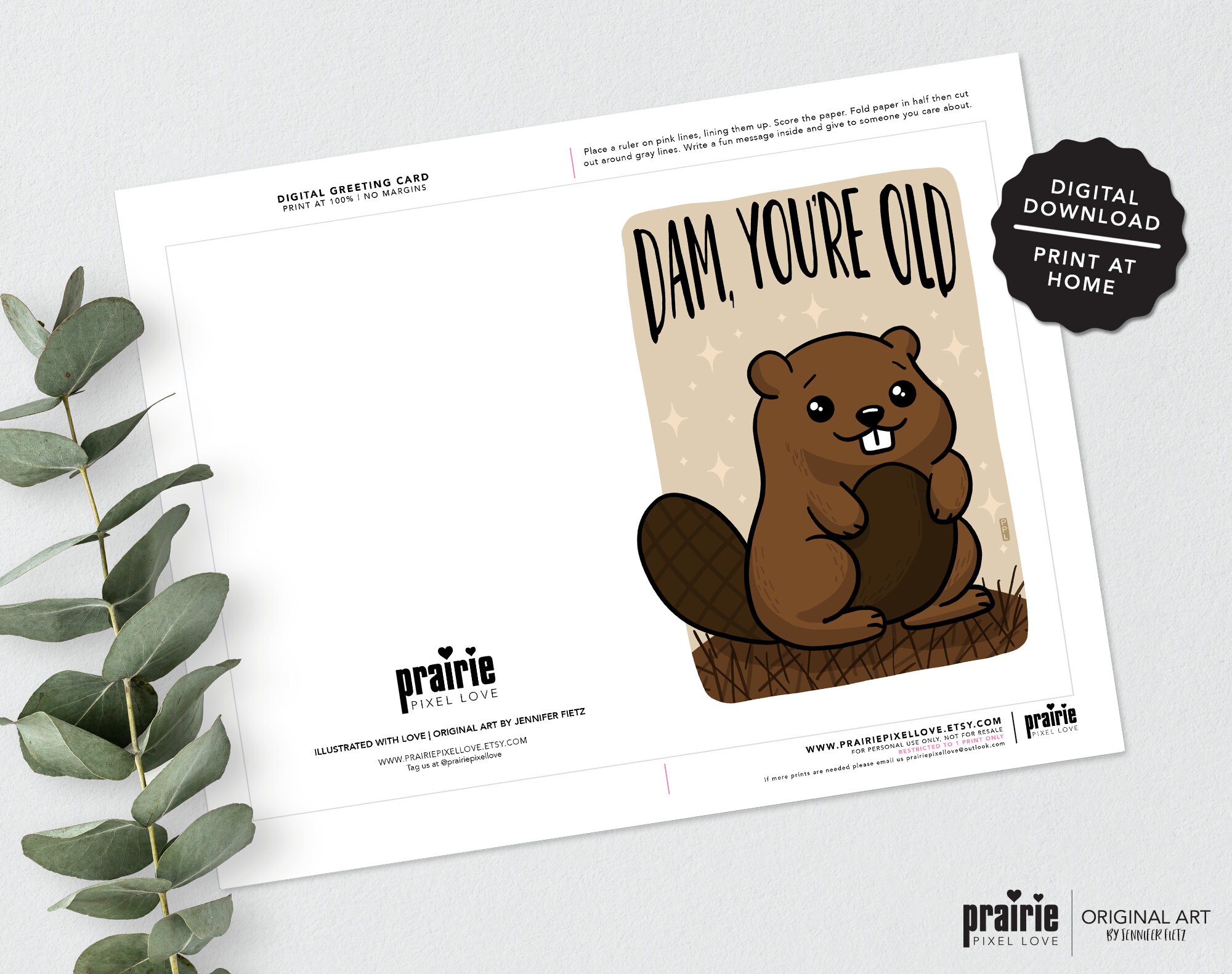 Beaver Birthday Card, Printable Card, Downloadable Card, Digital ...