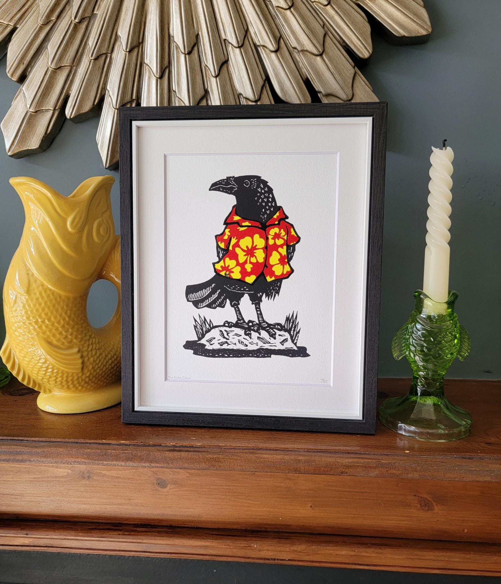 The Aloha Crow - Handmade Linocut Bird Art Print - Etsy
