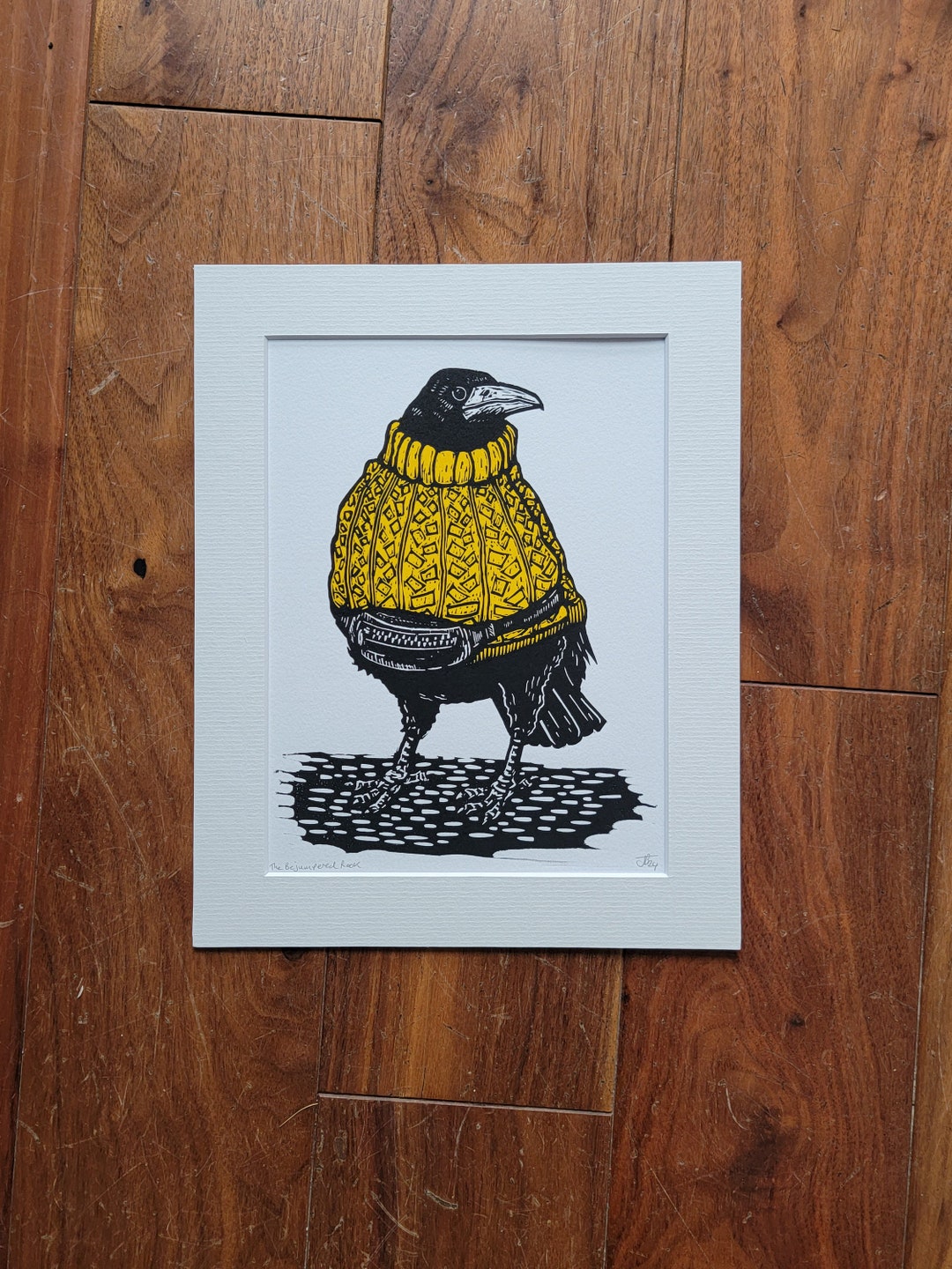 Rook Wearing a Mustard Yellow Jumper - Handmade Linocut Bird Art Print ...
