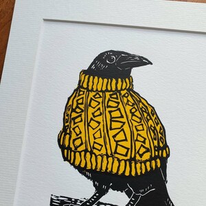Crow Wearing a Mustard Yellow Jumper - Handmade Linocut Bird Art Print ...