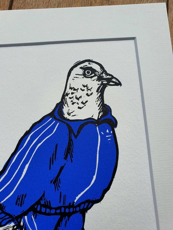 Art & Collectibles Tracksuited Pigeon original linocut bird art print ...