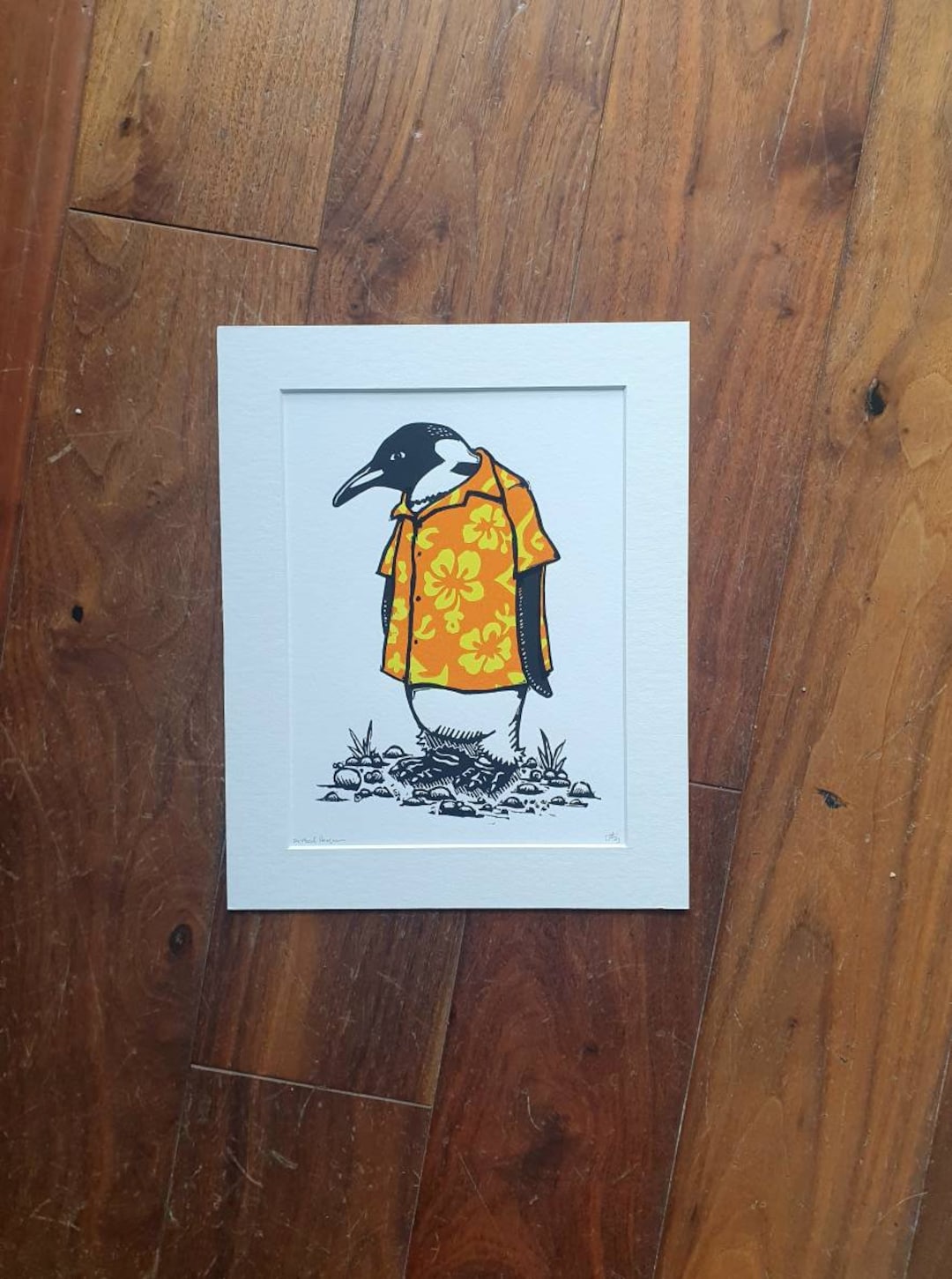 Penguin Wearing a Hawaiian Shirt - Handmade Linocut Bird Art Print - Etsy
