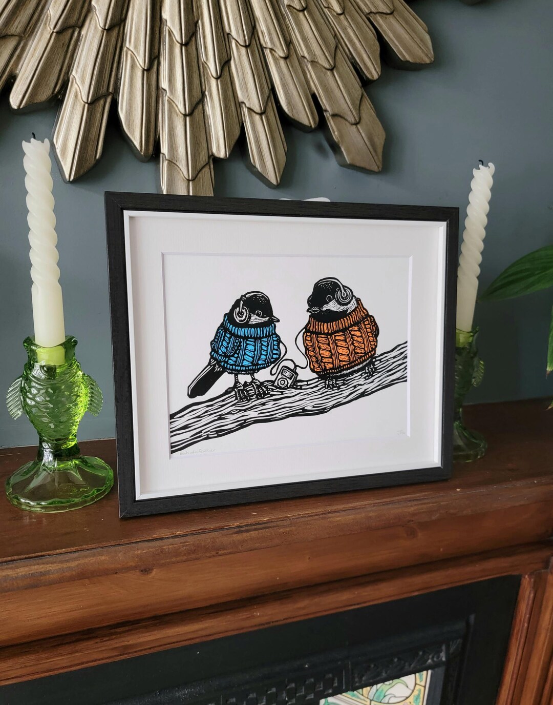 Birds of a Feather. Bejumpered Chickadees - Handmade Linocut Bird Art ...