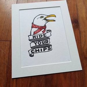 Hide Your Chips - Original Handmade Linocut Seagull Bird Art Print - Etsy