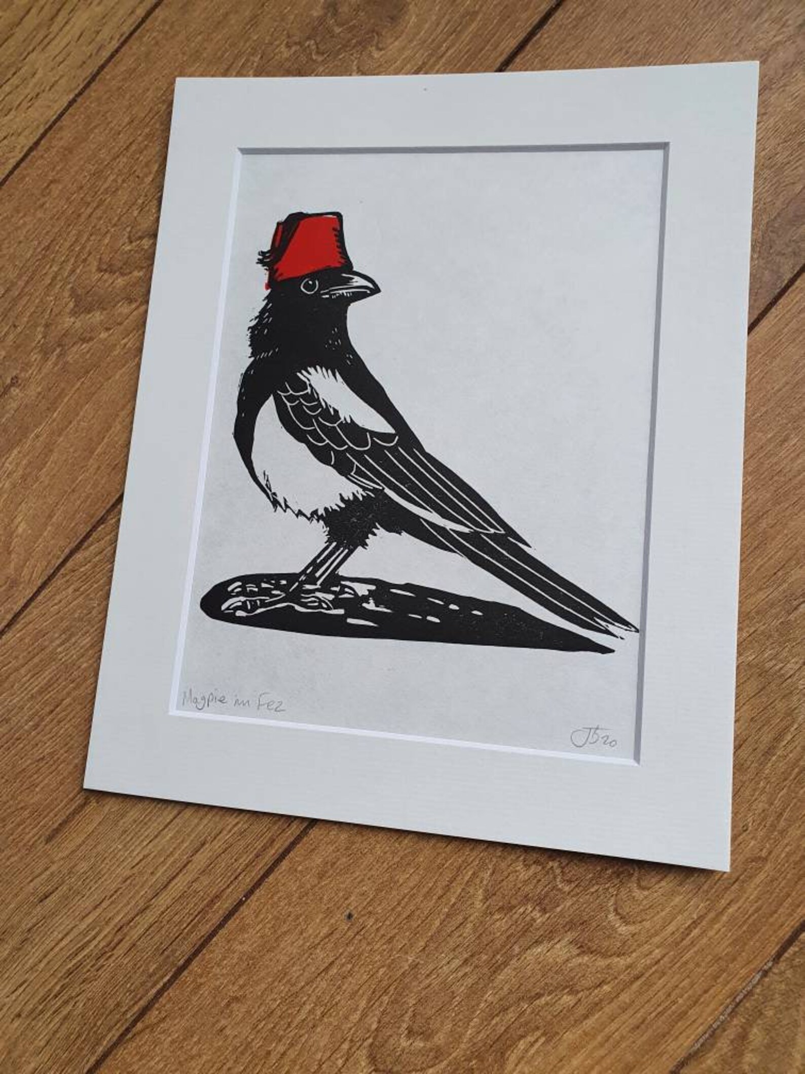 Magpie in Fez handmade linocut bird art print | Etsy