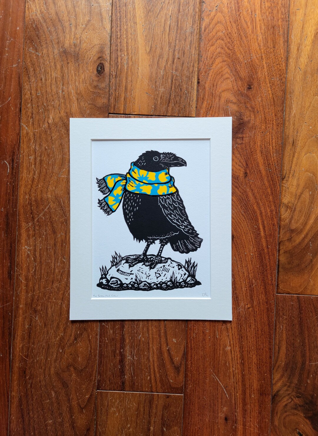 Raven Wearing an Aloha Scarf in Blue - Original Handmade Linocut Art ...